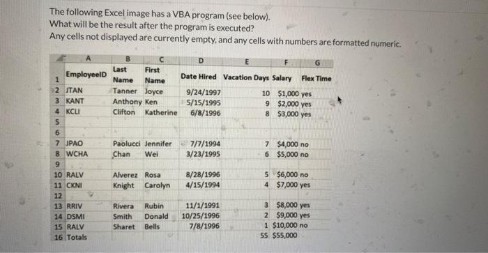 Solved The following Excel image has a VBA program (see | Chegg.com