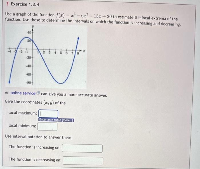 Solved Use a graph of the function f(x)=x3−6x2−15x+20 to | Chegg.com
