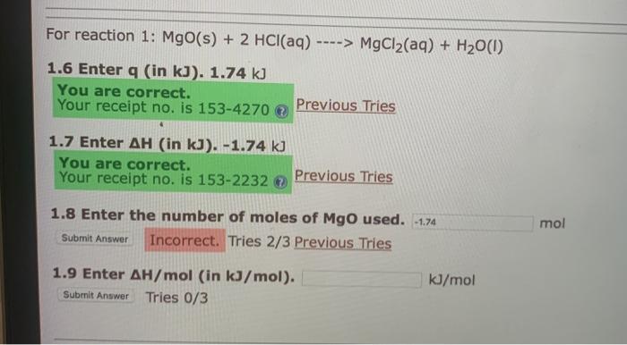 Solved For reaction 1: MgO(s) + 2 HCl(aq) ----> MgCl2(aq) + | Chegg.com