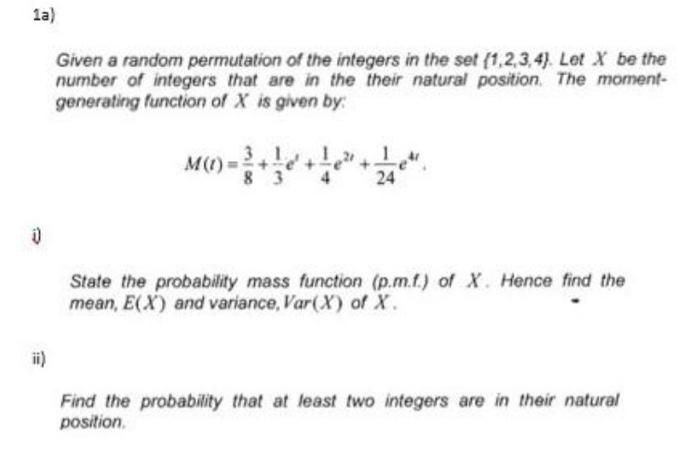 Solved 1a) Given a random permutation of the integers in the | Chegg.com