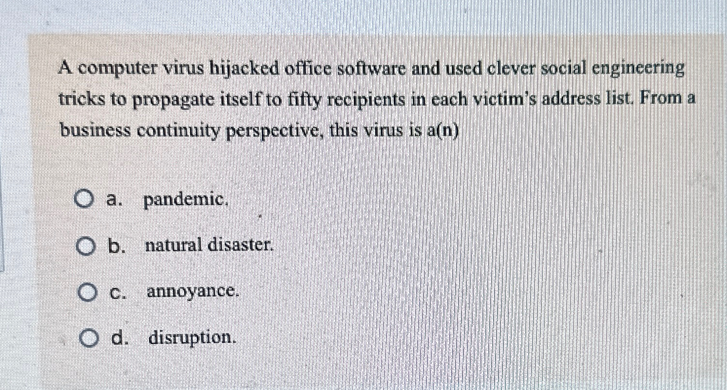 Solved A computer virus hijacked office software and used | Chegg.com