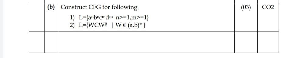 Solved (03) CO2 (b) Construct CFG for following. 1) | Chegg.com
