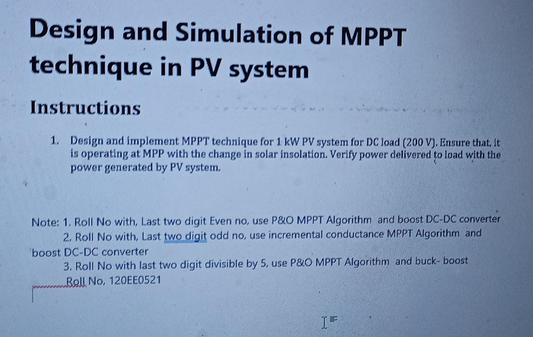 Solved Design and Simulation of MPPT technique in PV system | Chegg.com