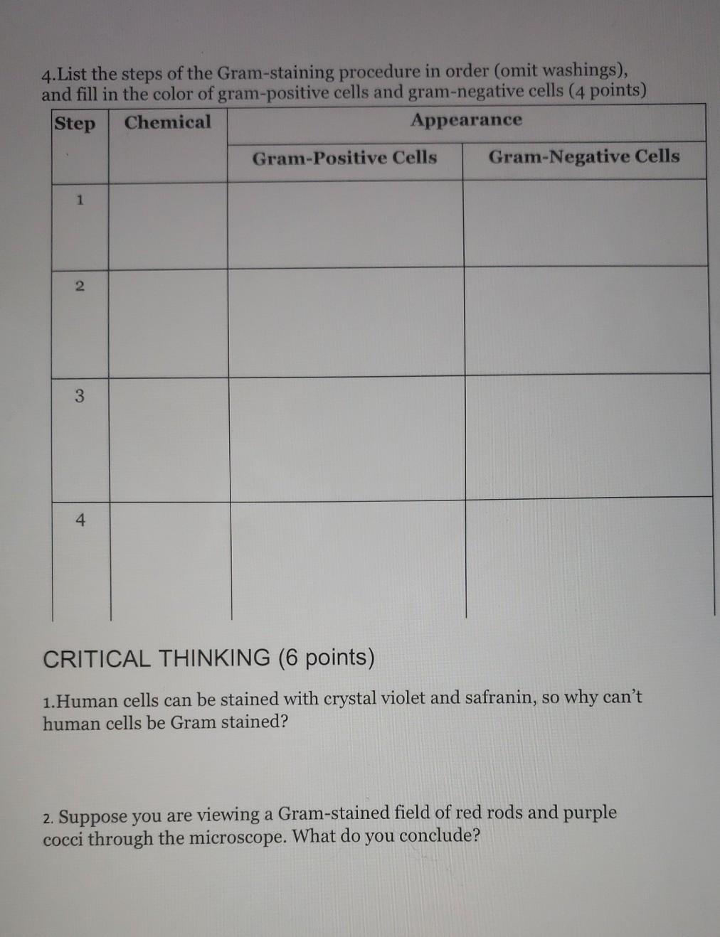Solved 4 List The Steps Of The Gram staining Procedure In Chegg