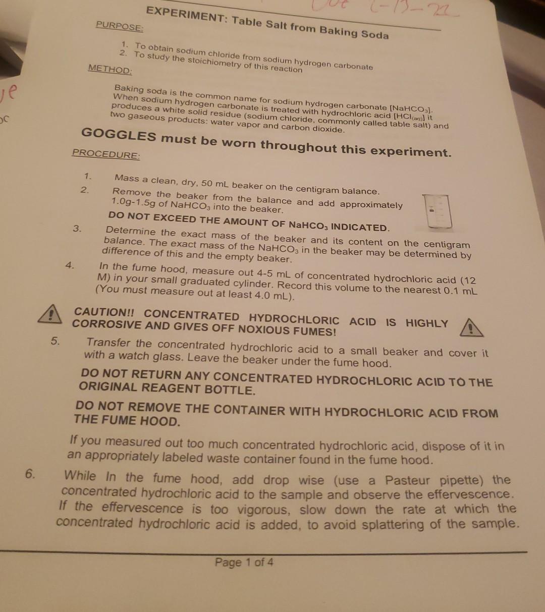 Solved EXPERIMENT: Table Salt from Baking Soda PURPOSE: 1 To | Chegg.com