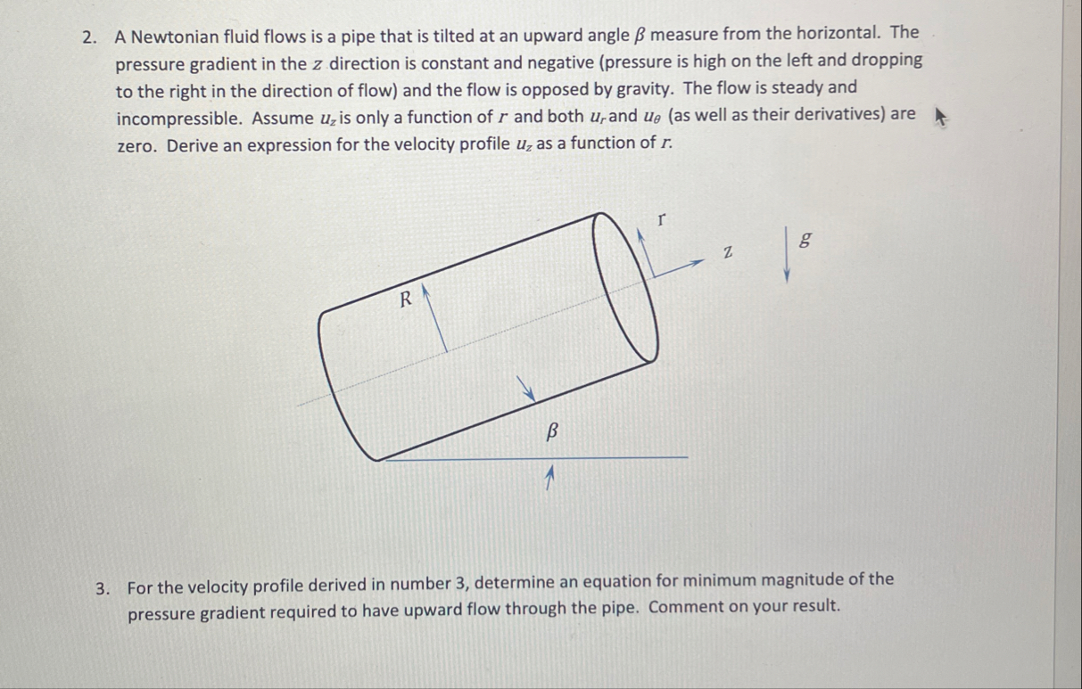 Solved A Newtonian fluid flows is a pipe that is tilted at | Chegg.com