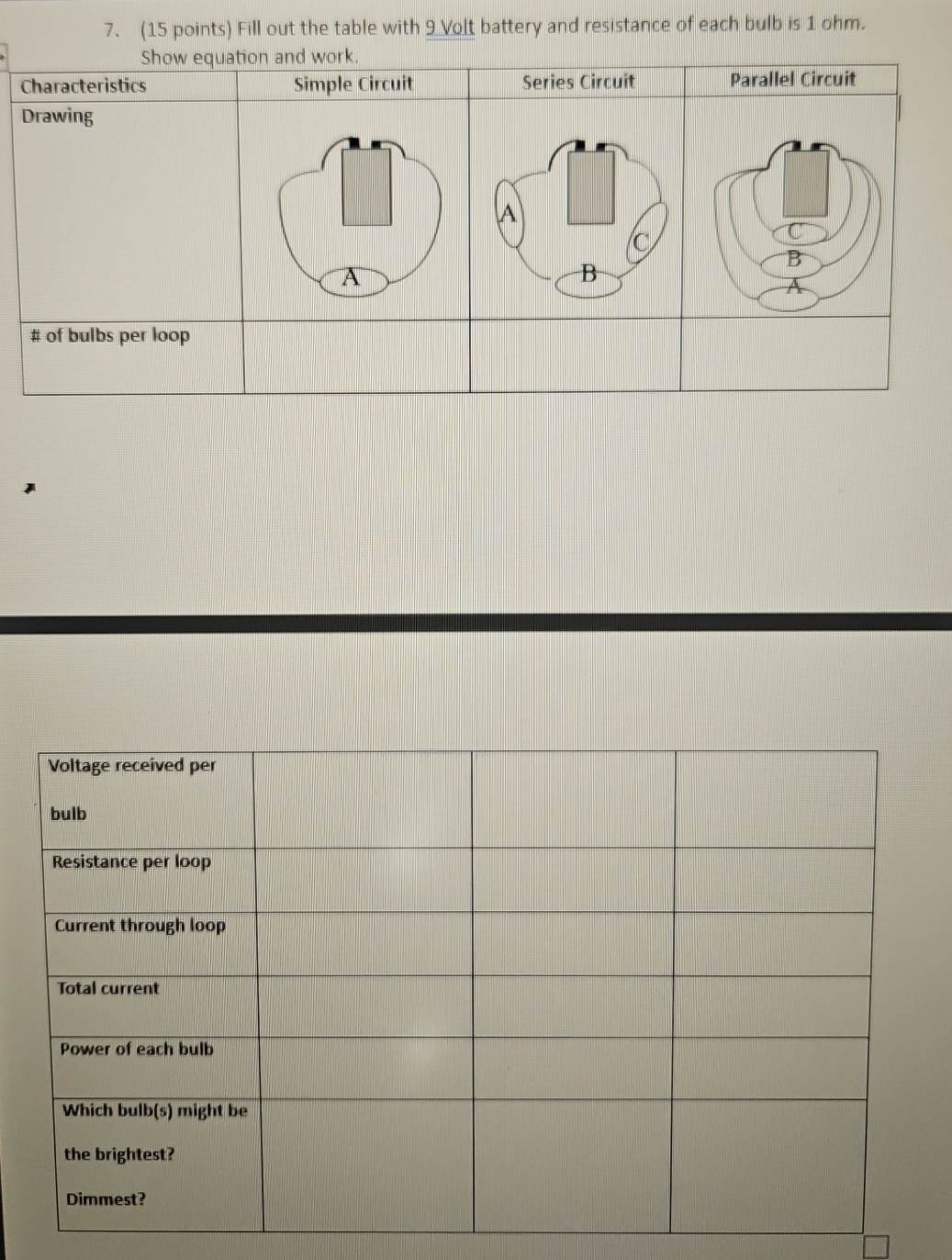 Solved ( 15 ﻿points) ﻿Fill out the table with 9 ﻿Volt | Chegg.com