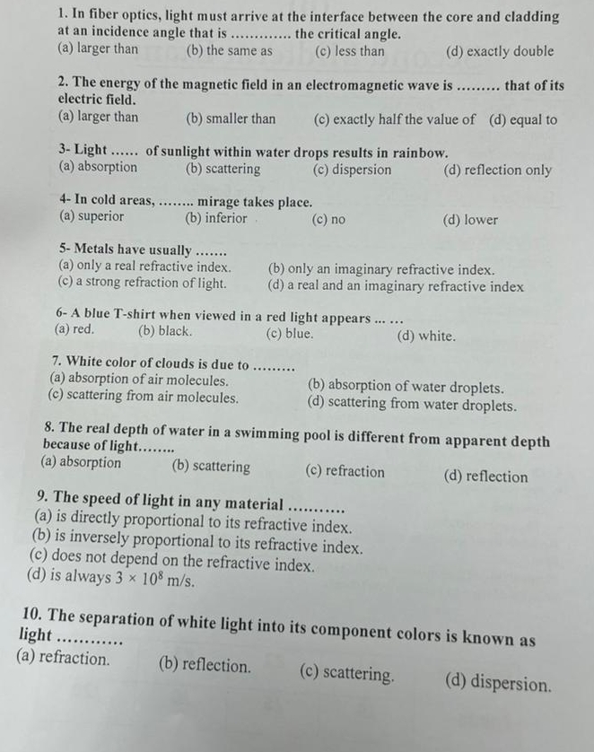 Solved In fiber optics, light must arrive at the interface | Chegg.com