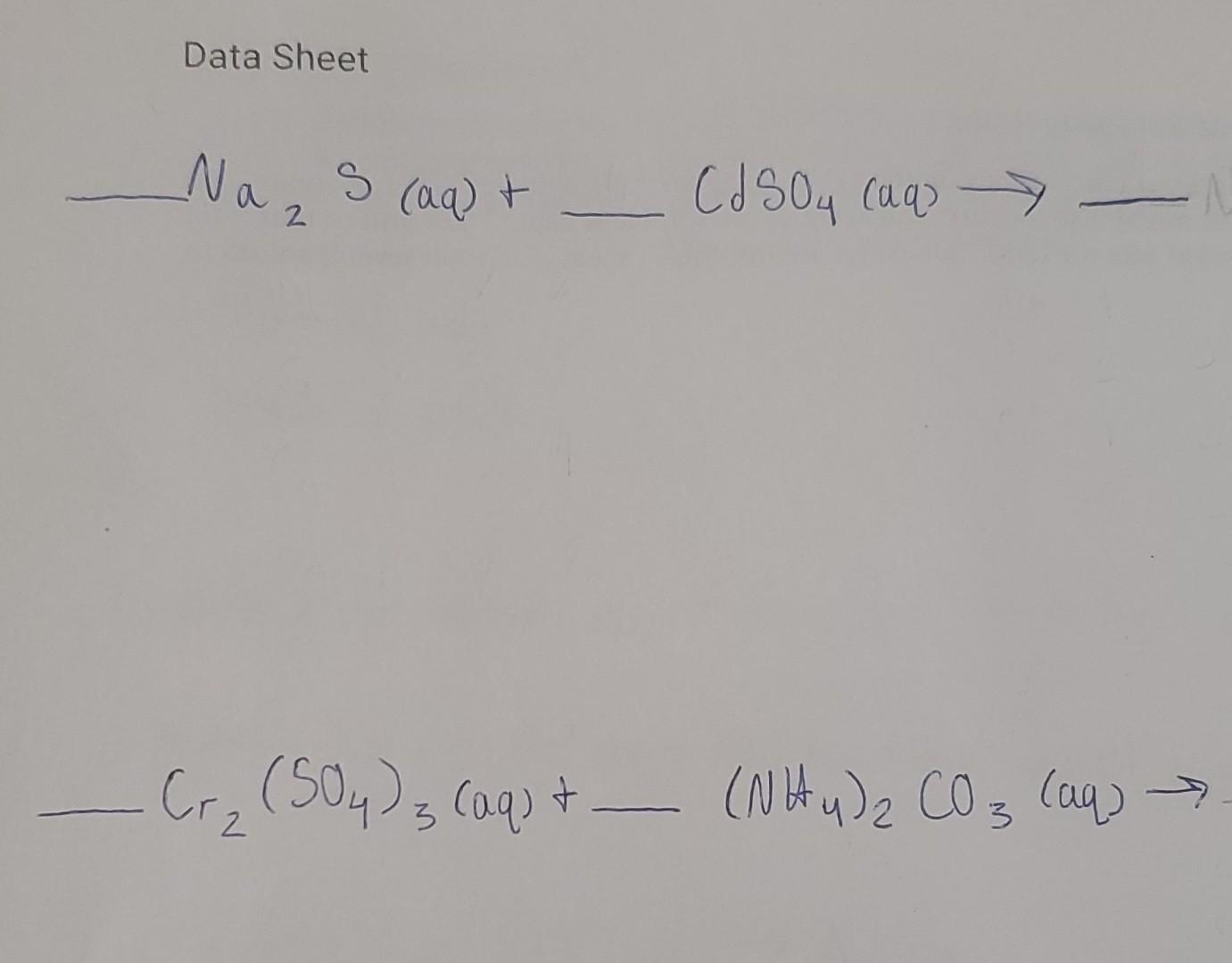 Solved Data Sheet Na2 S(aq)+[CdSO4(aq)→ | Chegg.com
