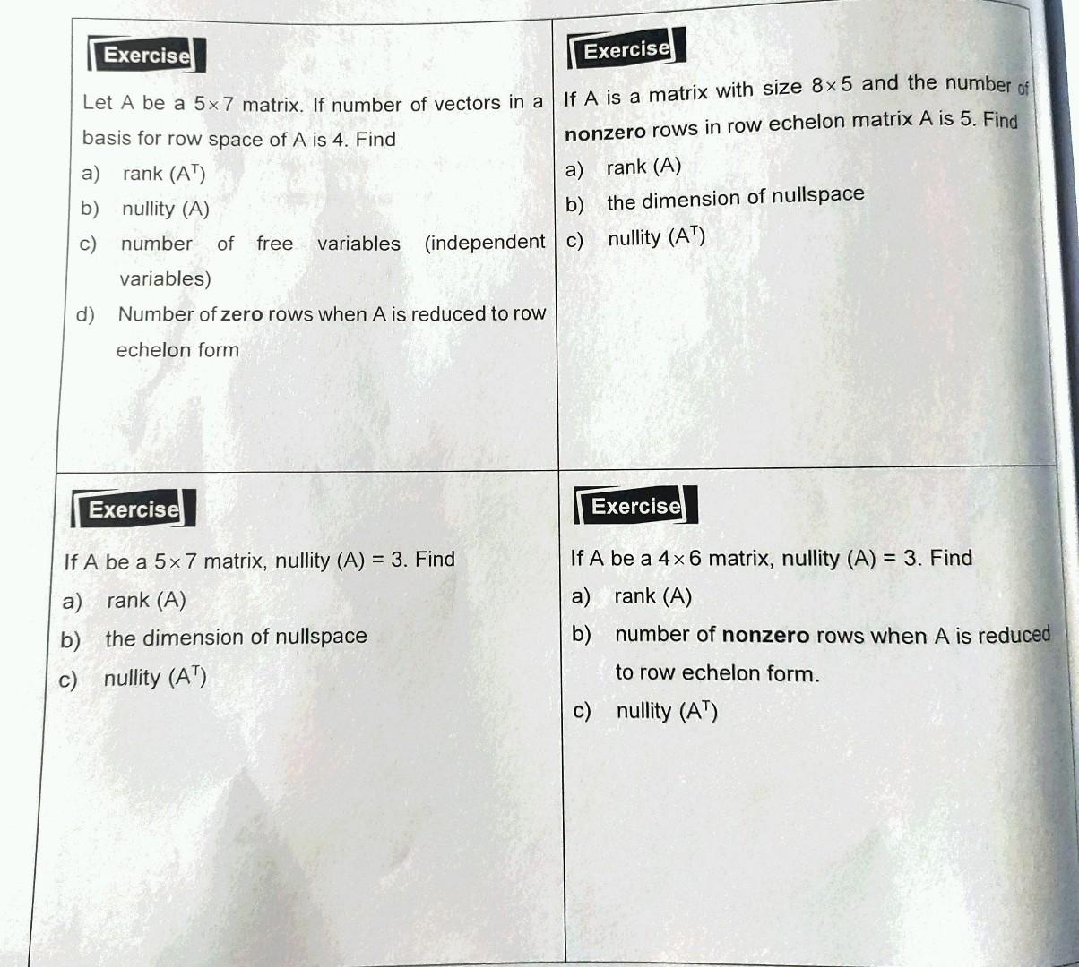 Solved Exercise Exercise Let A be a 5x7 matrix. If number of | Chegg.com