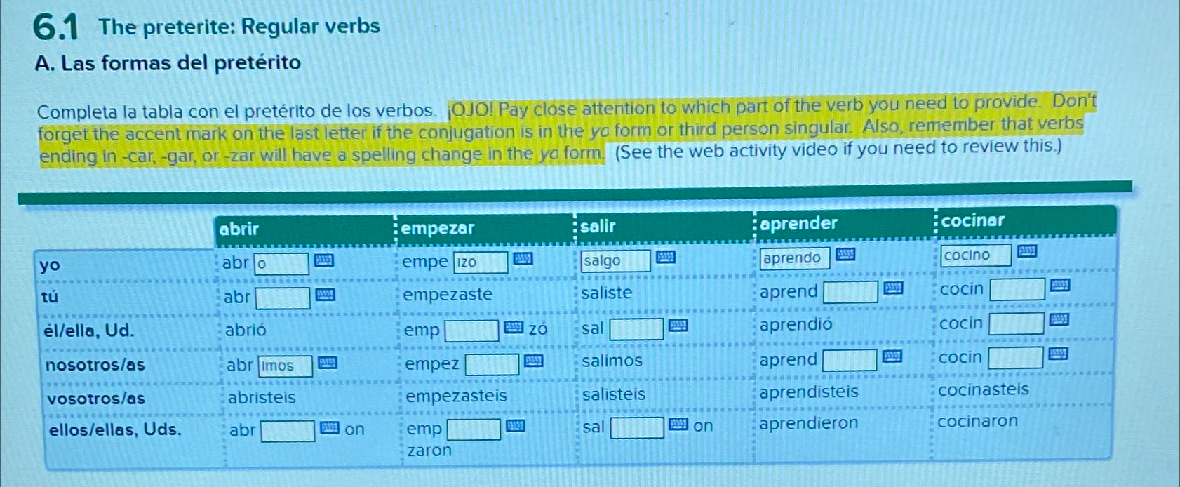Solved 6.1 ﻿The preterite: Regular verbsA. ﻿Las formas del | Chegg.com