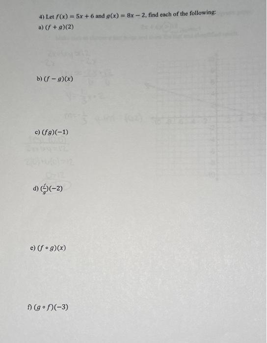 Solved 4) Let f(x)=5x+6 and g(x)=8x−2, find each of the | Chegg.com