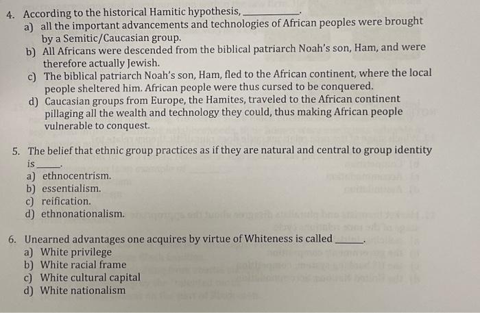 4. According to the historical Hamitic hypothesis, a) | Chegg.com