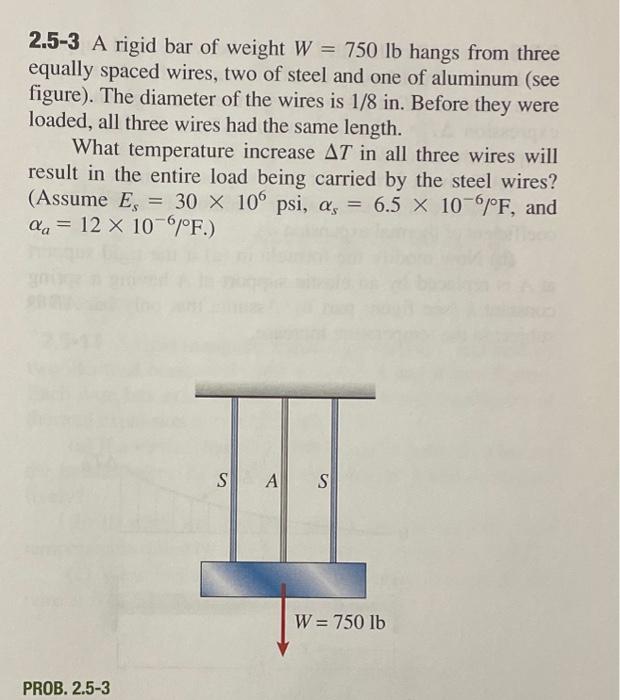 Solved 2.5-3 A rigid bar of weight W = 750 lb hangs from | Chegg.com