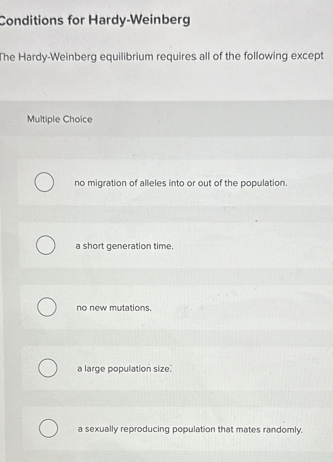 Solved Conditions for Hardy-WeinbergThe Hardy-Weinberg | Chegg.com