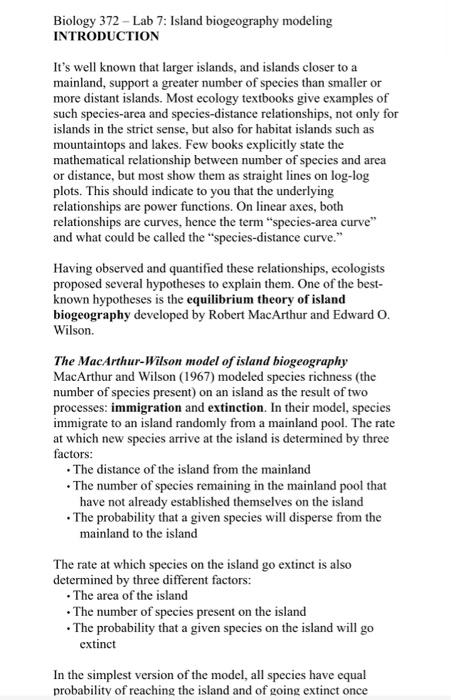 Biology 372 - Lab 7: Island biogeography modeling | Chegg.com