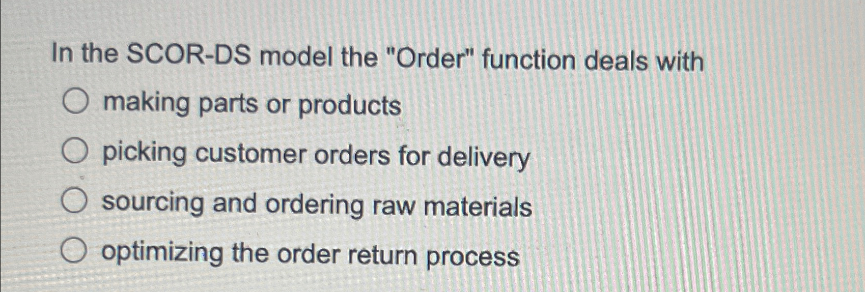 Solved In the SCOR-DS model the "Order" function deals with | Chegg.com