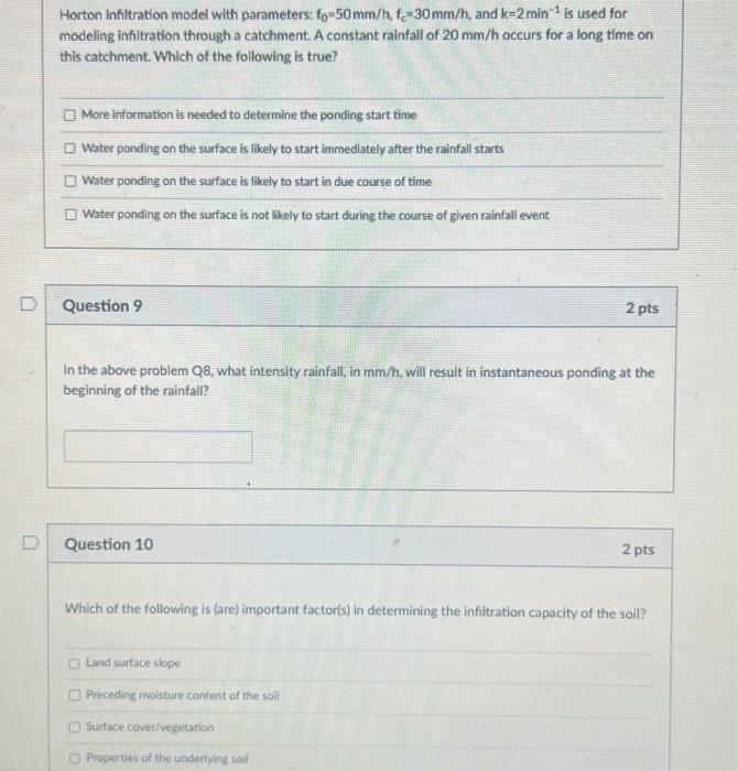 Solved Horton infiltration model with parameters: f0=50 | Chegg.com