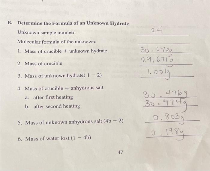 determine the formula of an unknown hydrate. the | Chegg.com
