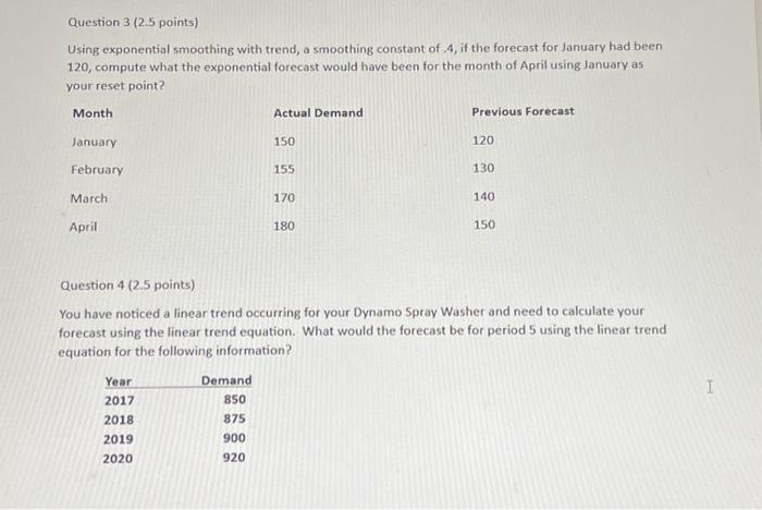 Solved Question 3 (2.5 points) Using exponential smoothing | Chegg.com