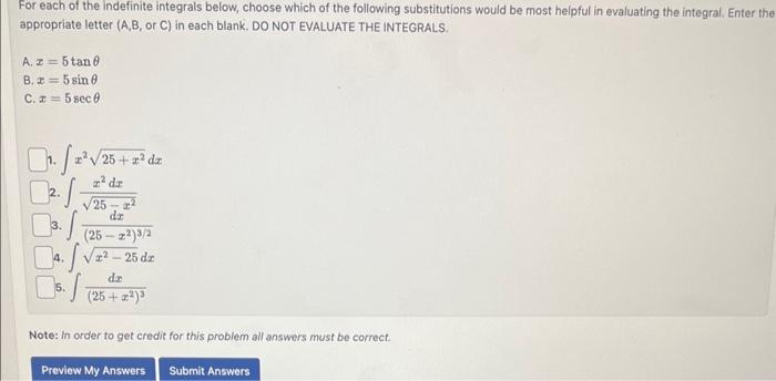 Solved For each of the indefinite integrals below, choose | Chegg.com