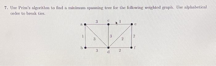 Solved 7. Use Prim's algorithm to find a minimum spanning | Chegg.com