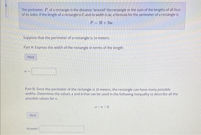Solved The perimeter, P. of a rectangle is the distance | Chegg.com