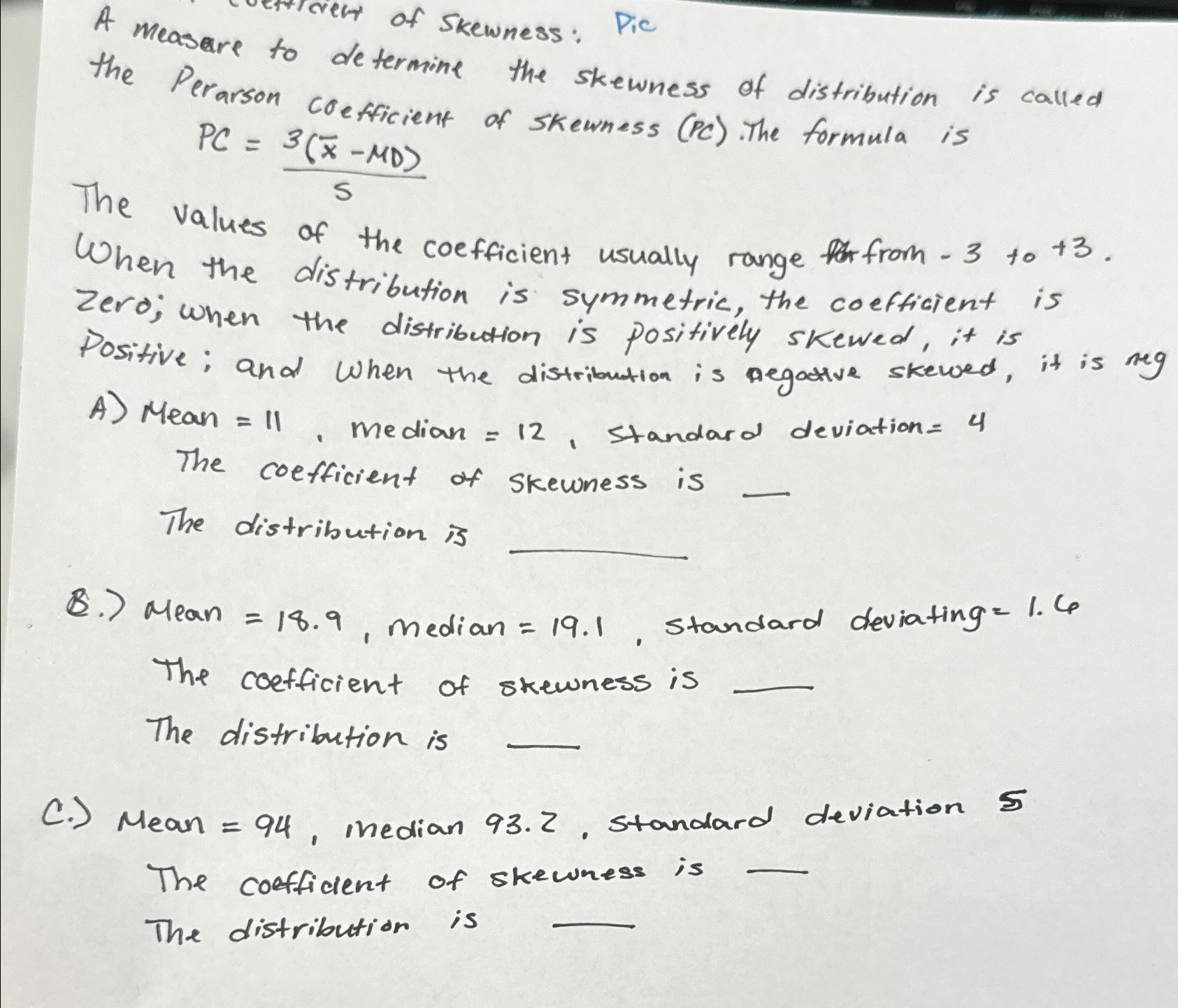 Solved A measerethe Pere to determine the skewness of | Chegg.com