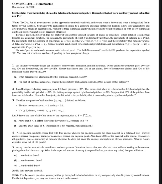 COMPSCI 230-Homework 5 Due on June 17, 2020 See the | Chegg.com