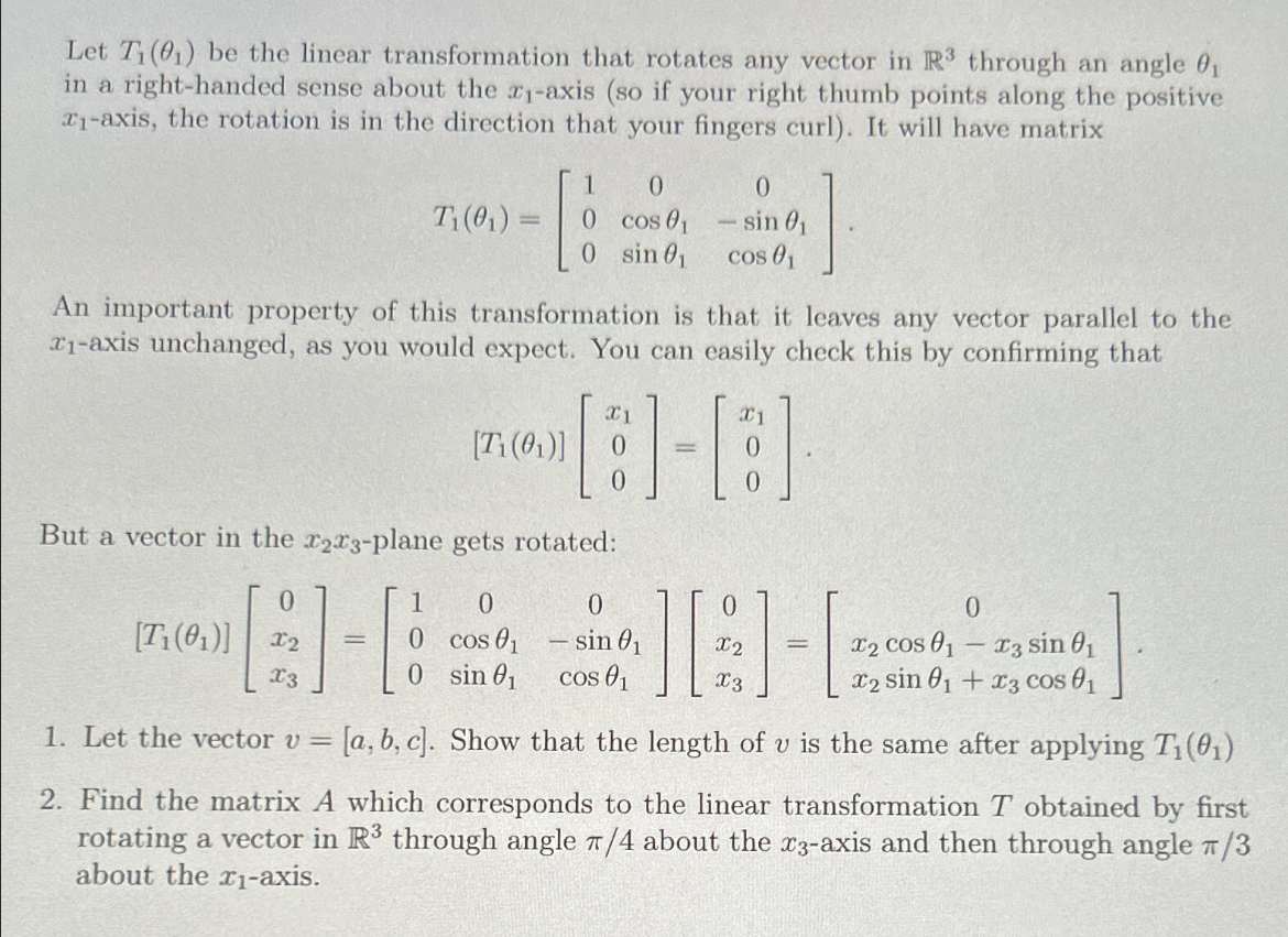 Solved Let T1(θ1) ﻿be the linear transformation that rotates | Chegg.com