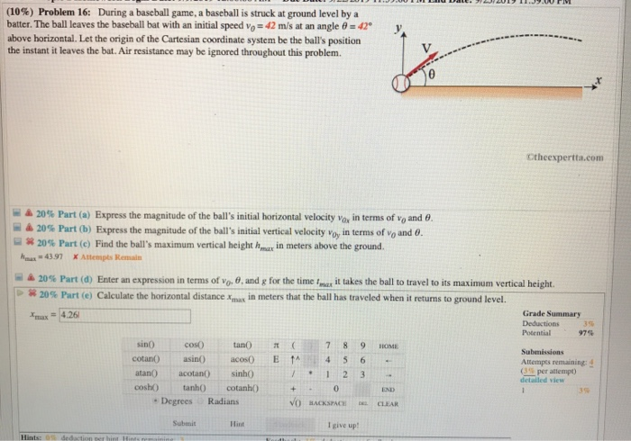 Solved (10%) Problem 16: During a baseball game, a baseball | Chegg.com
