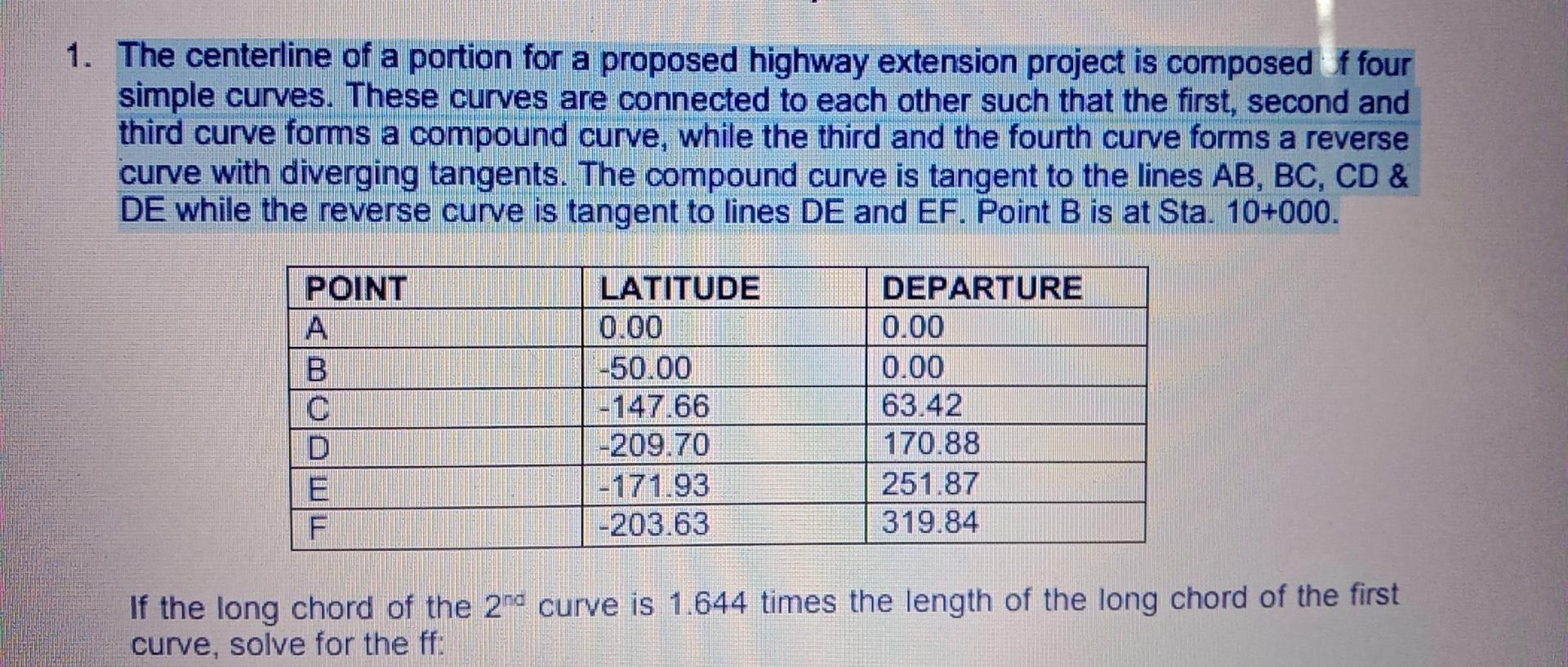 Solved 1. The centerline of a portion for a proposed highway | Chegg.com