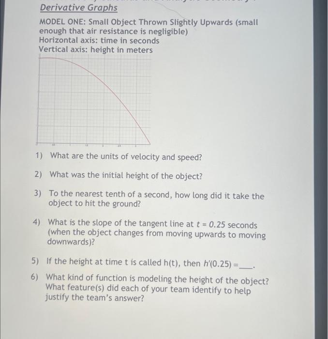 Solved Derivative Graphs MODEL ONE: Small Object Thrown | Chegg.com