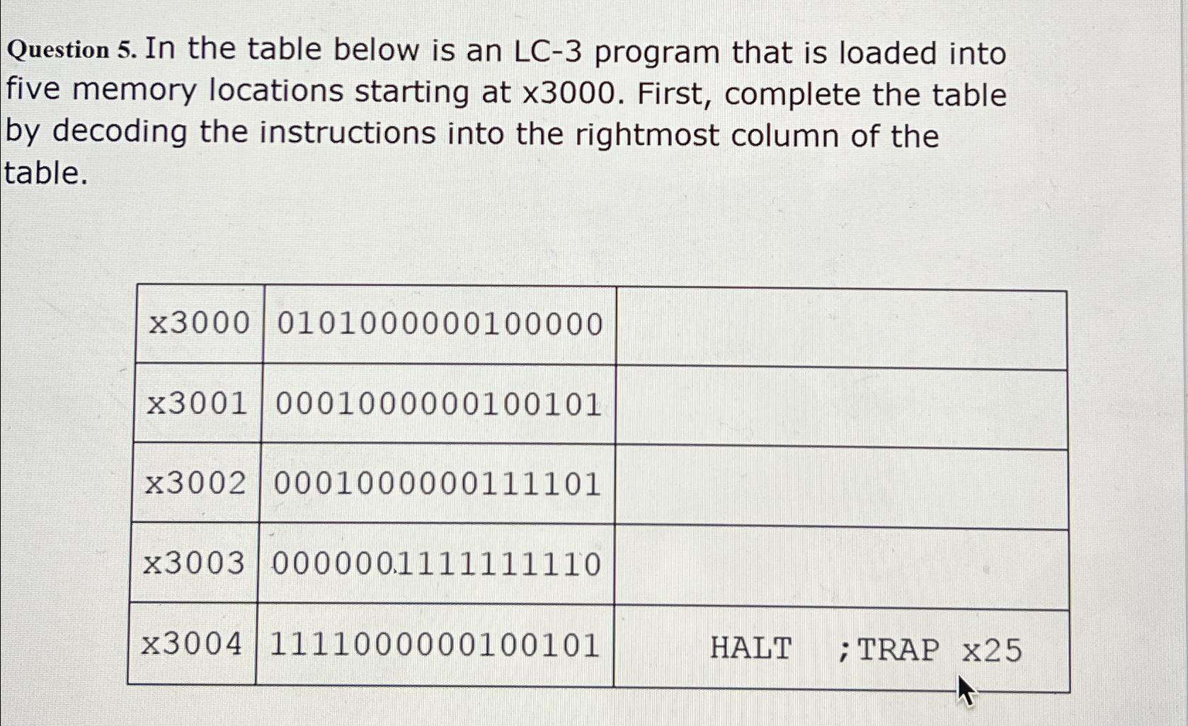 Solved Question 5. ﻿In the table below is an LC-3 ﻿program | Chegg.com
