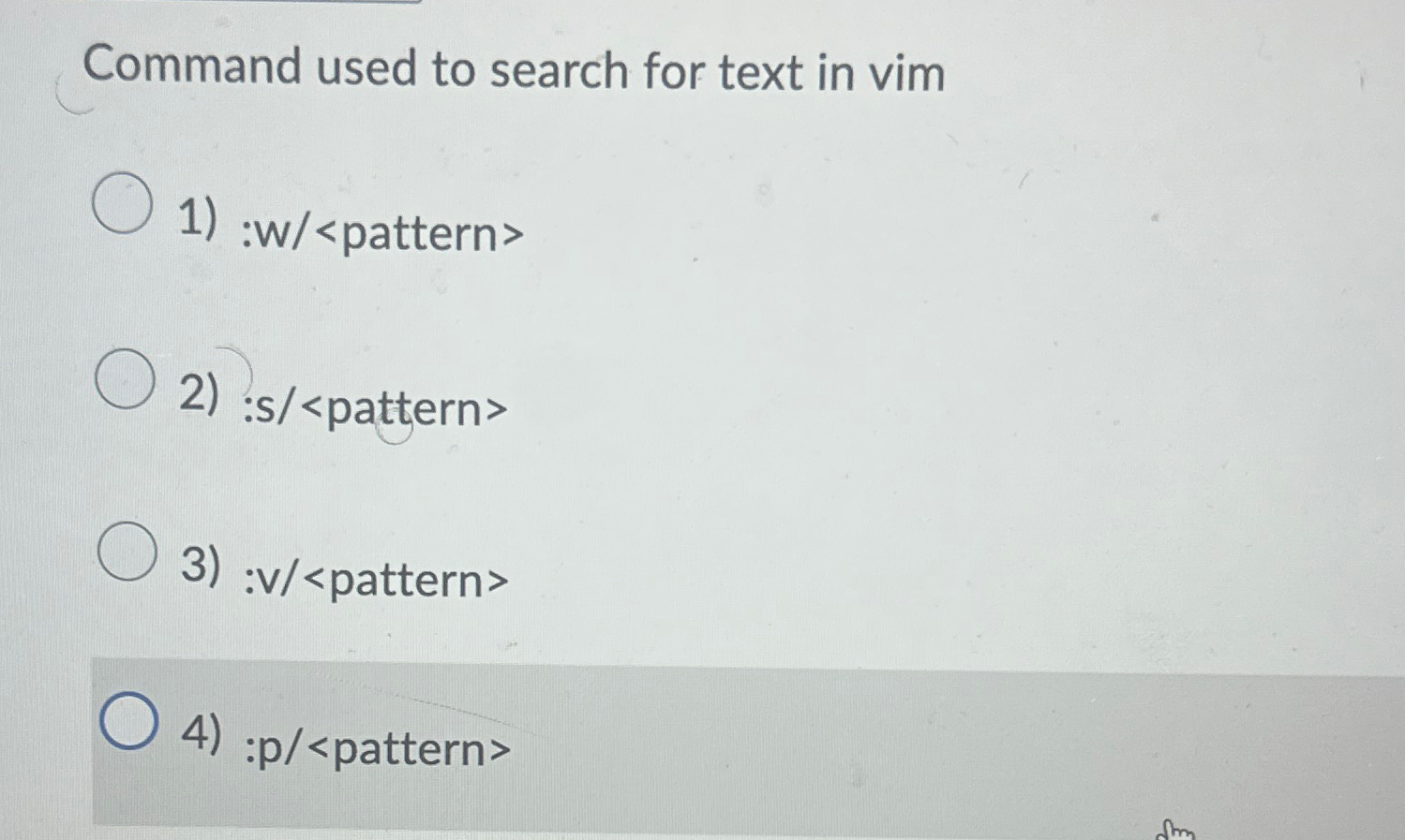Command used to search for text in vim: w/:p?