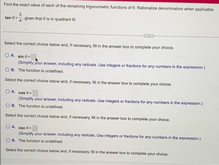 Solved Find the exact value of each of the remaining | Chegg.com