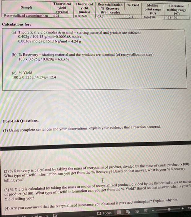 Solved % Yield Sample Theoretical yield (grams) 4.24 | Chegg.com