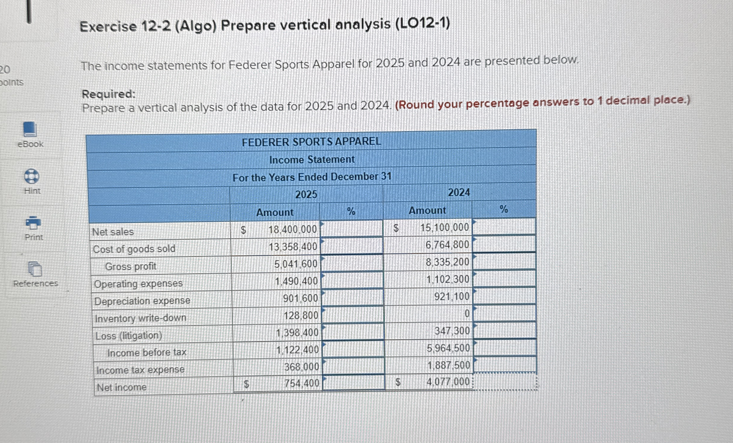 Solved Exercise 12-2 (Algo) ﻿Prepare vertical analysis | Chegg.com