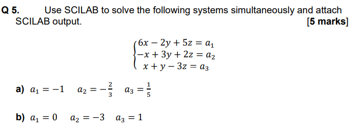 Solved Q 5. ﻿Use SCILAB to solve the following systems | Chegg.com