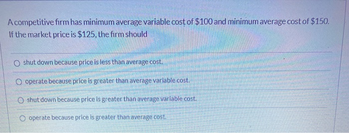 Solved A competitive firm has minimum average variable cost | Chegg.com