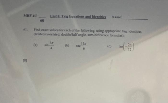 Solved a1. Find exact values for each of the following, | Chegg.com