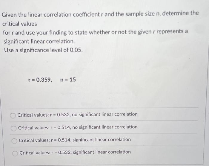 Solved Given the linear correlation coefficient r and the | Chegg.com