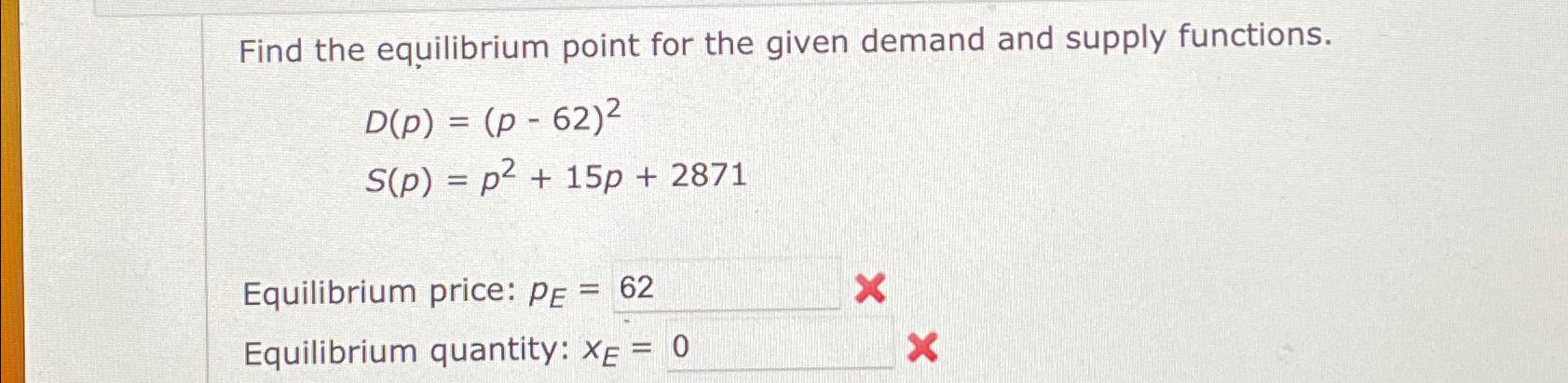 Solved Find the equilibrium point for the given demand and | Chegg.com