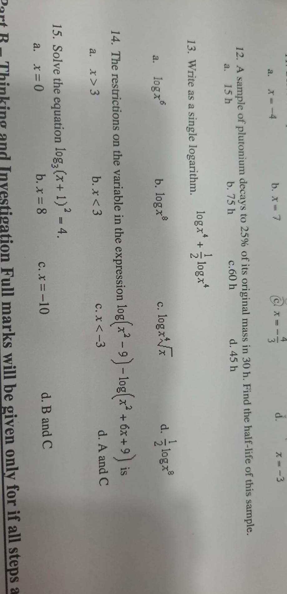 Solved a. x=-4\\nb. x=7\\n(c) x=-(4)/(3)\\nd. ,x=-3\\n12. A | Chegg.com