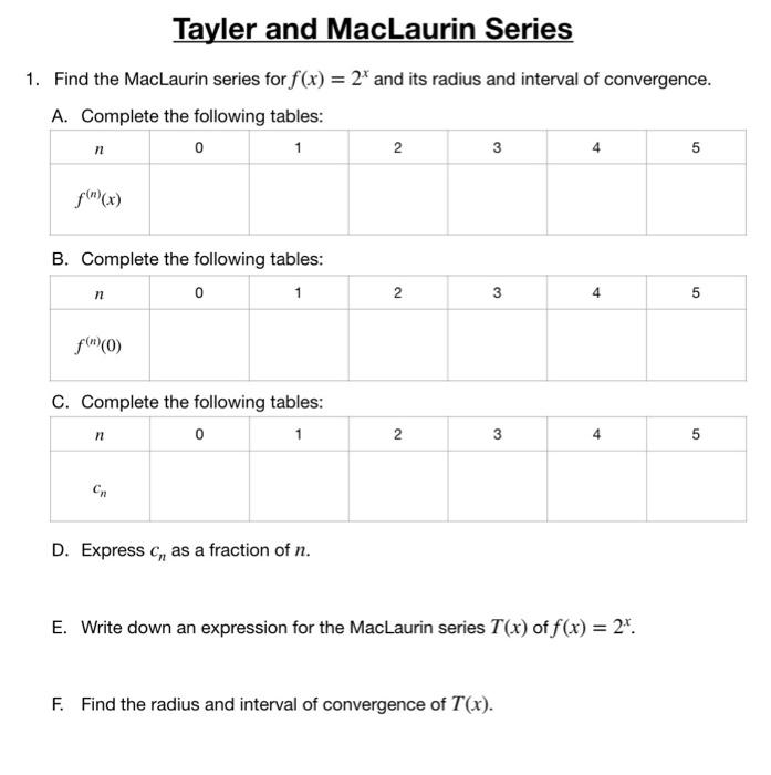 Solved Tayler and MacLaurin Series 1. Find the MacLaurin | Chegg.com