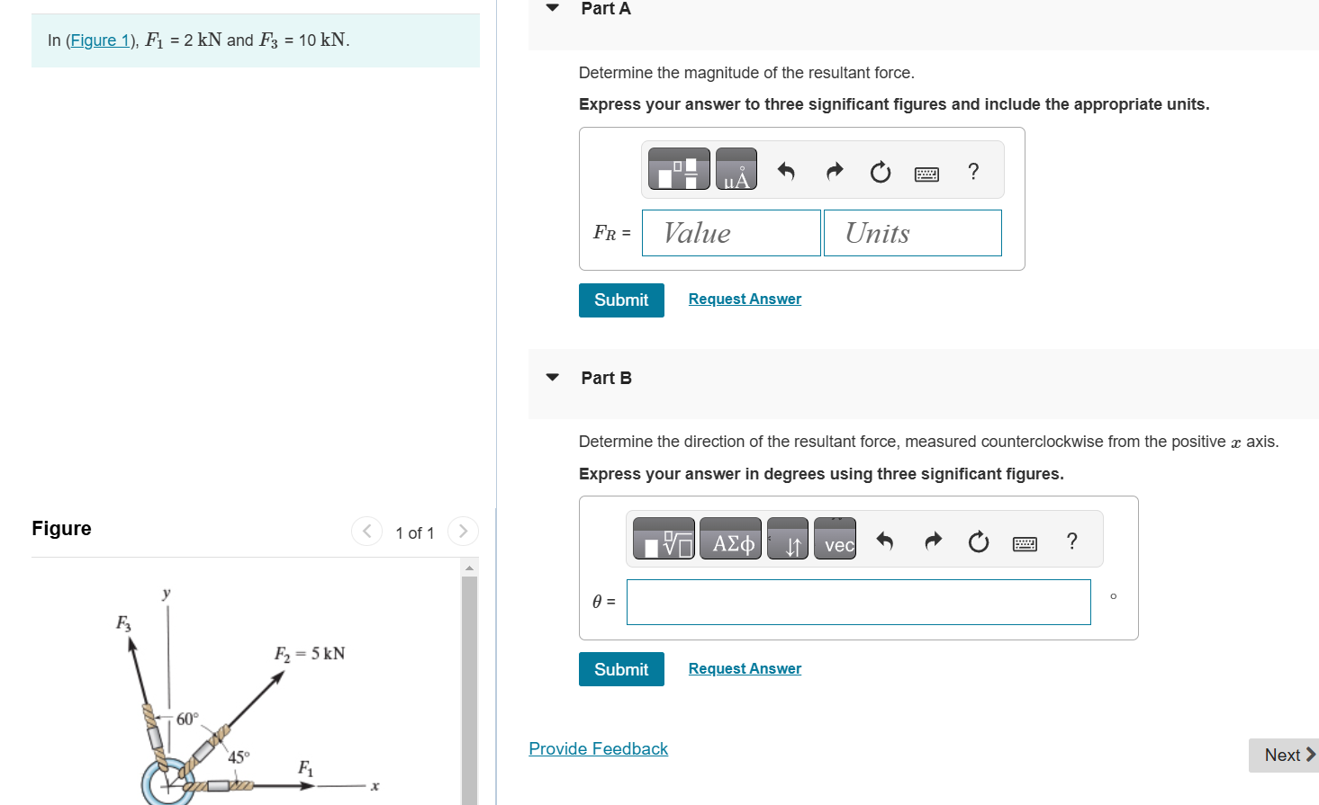 Solved Part Aln (Figure 1), F1=2kN ﻿and F3=10kN.Determine | Chegg.com