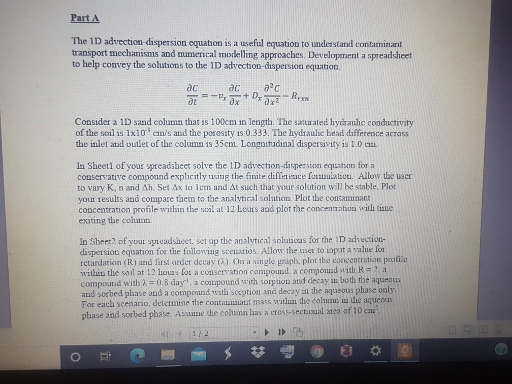 Part A The 1D advection-dispersion equation is a | Chegg.com