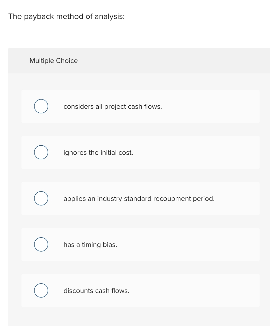 Solved The payback method of analysis:Multiple | Chegg.com
