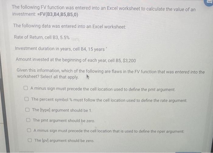 Solved The following FV function was entered into an Excel | Chegg.com