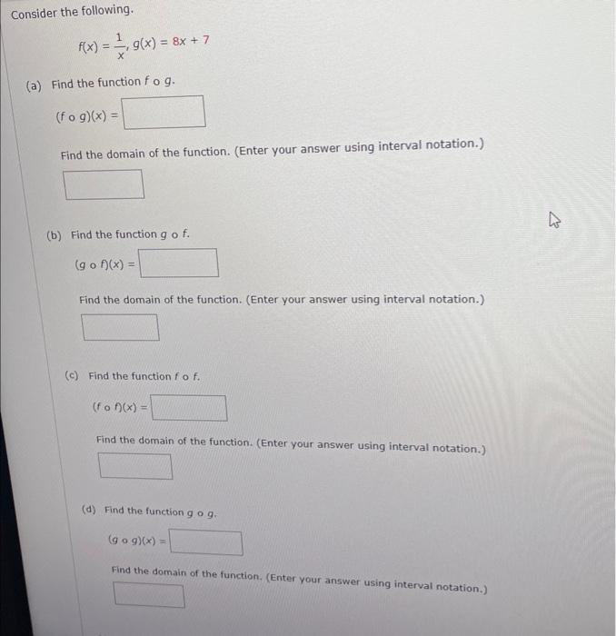 Solved Consider the following. f(x)=x1,g(x)=8x+7 (a) Find | Chegg.com
